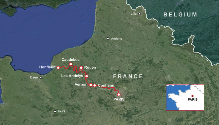 Seine River map in Paris. Seine river on France map.